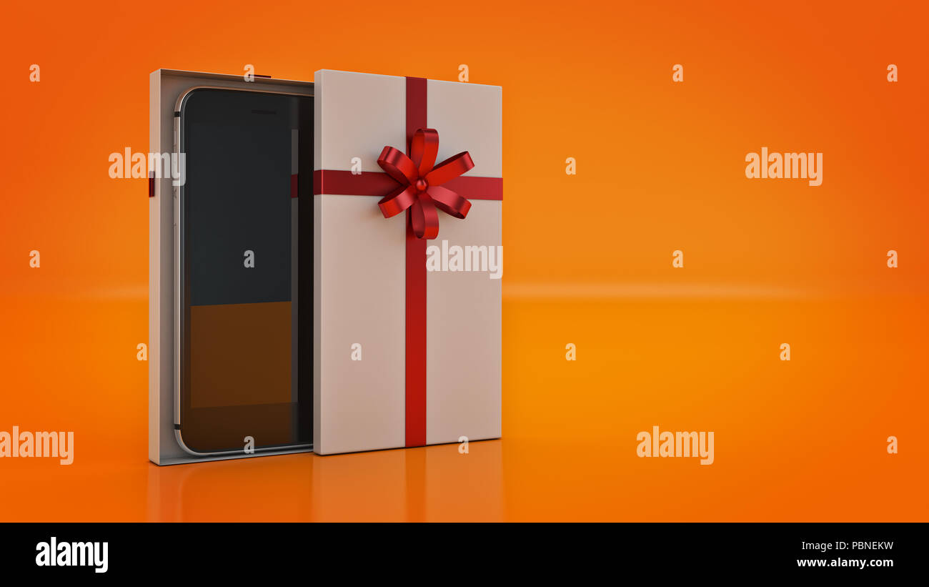 Smartphone. Gift box concept. 3D rendering Stock Photo - Alamy