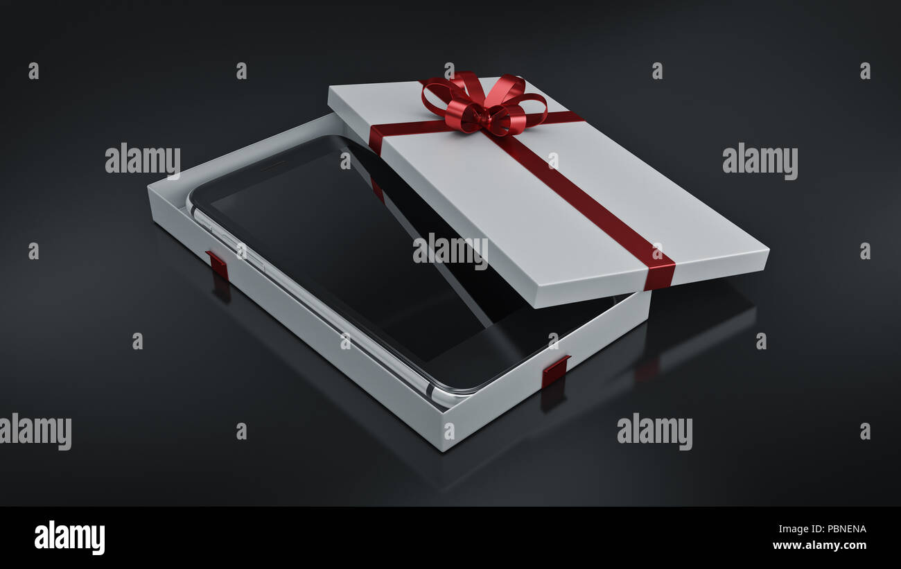 Smartphone. Gift box concept. 3D rendering Stock Photo - Alamy
