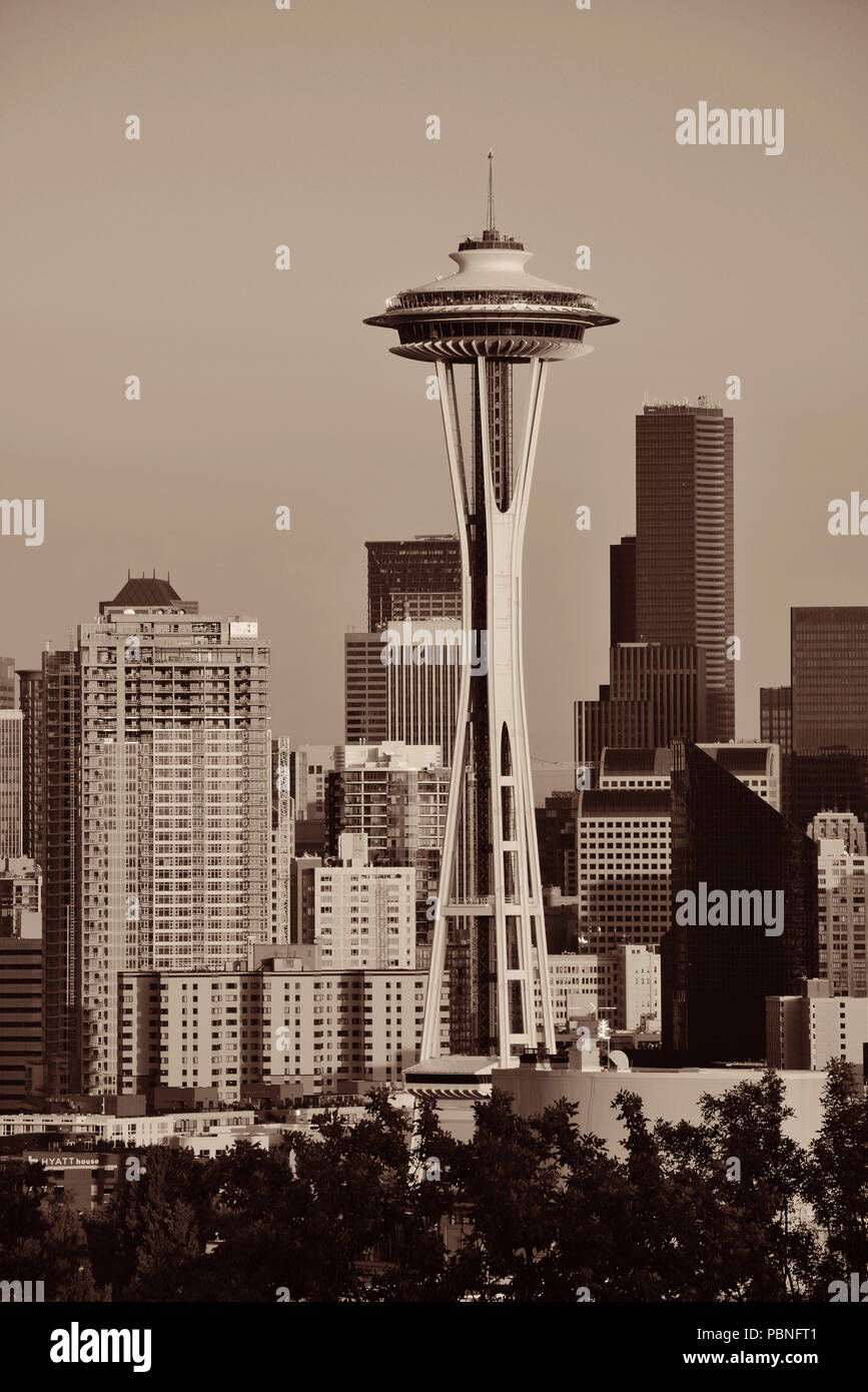 Seattle city skyline at sunset with urban office buildings viewed from ...