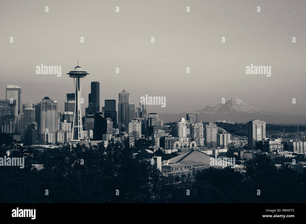 Seattle city skyline with Mt Rainier at sunset with urban office ...