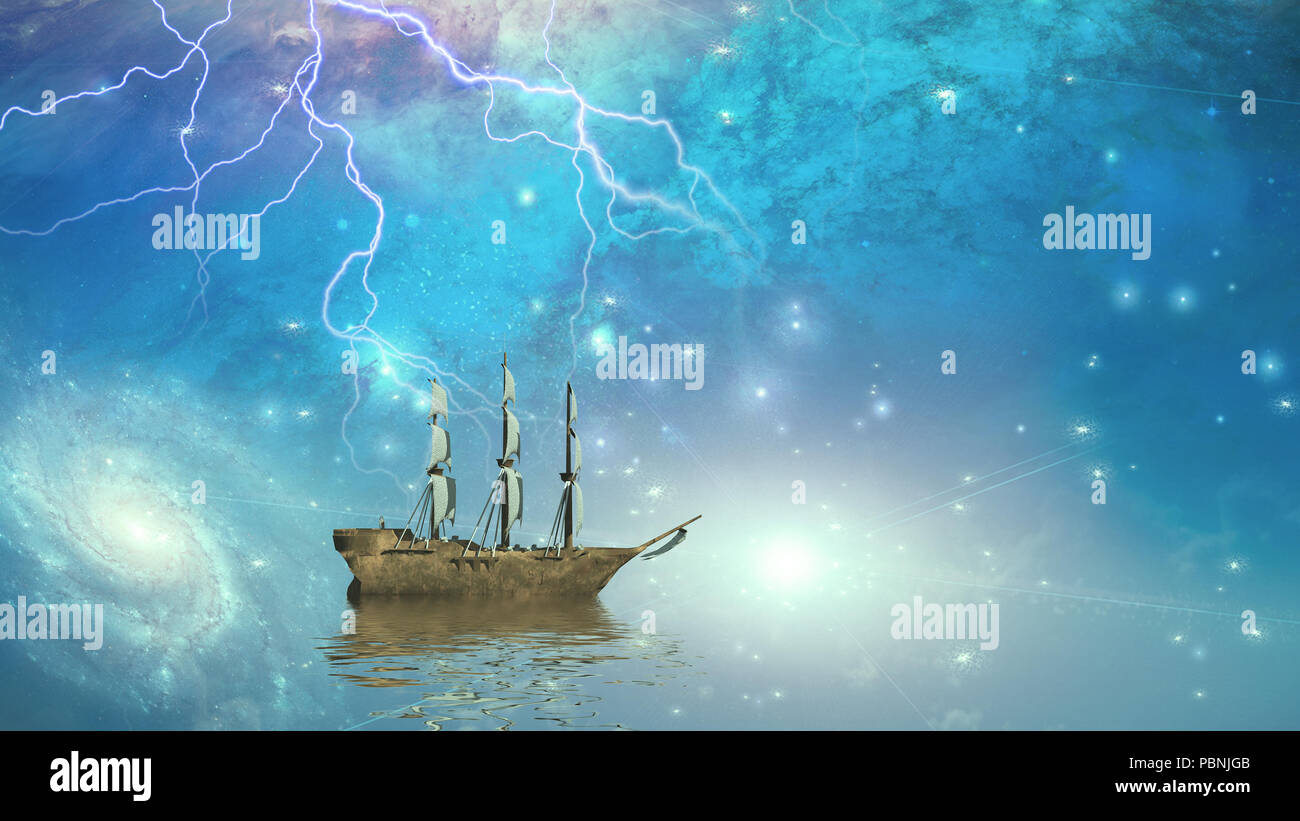 Sailing ship sails through the stars Stock Photo - Alamy