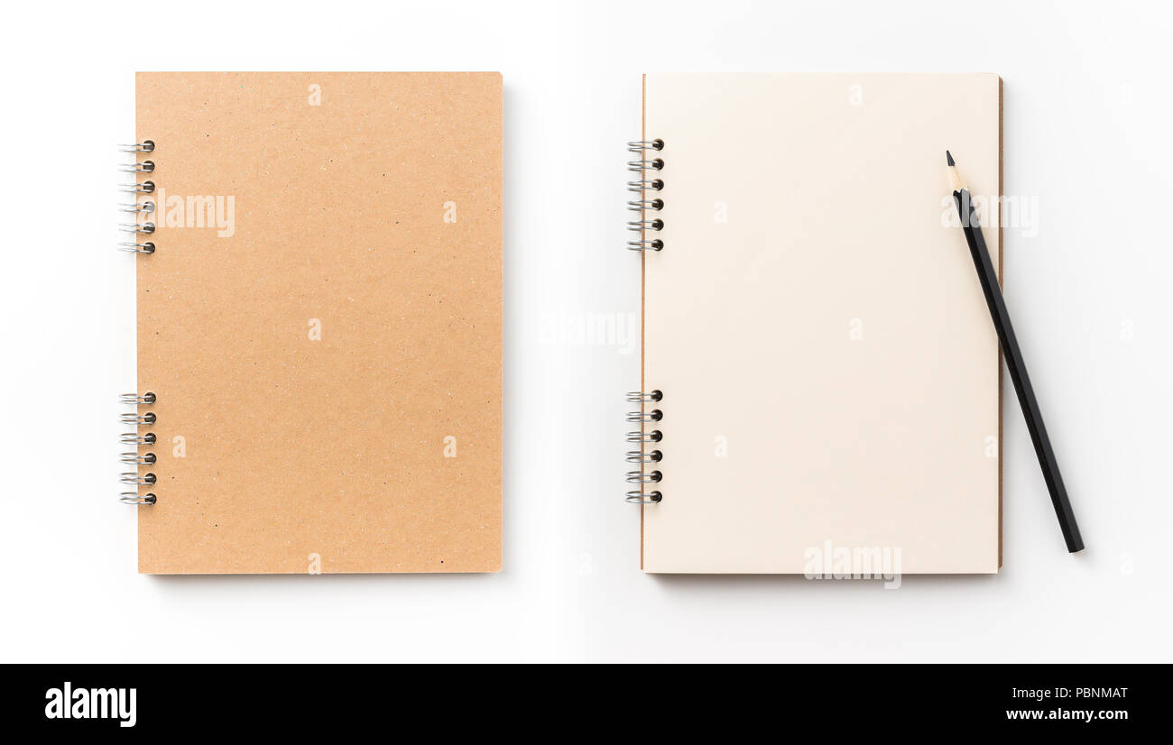 Design concept - Top view of kraft spiral notebook, blank page and wood ...