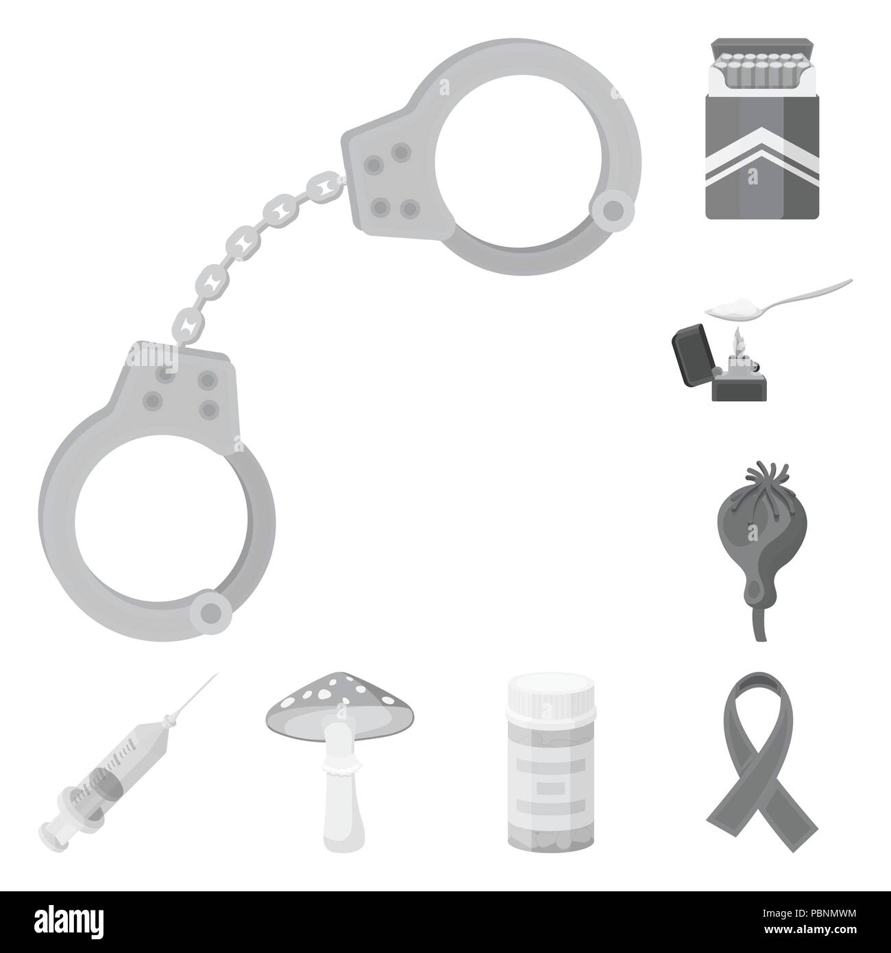 Drug addiction and attributes monochrome icons in set collection for ...