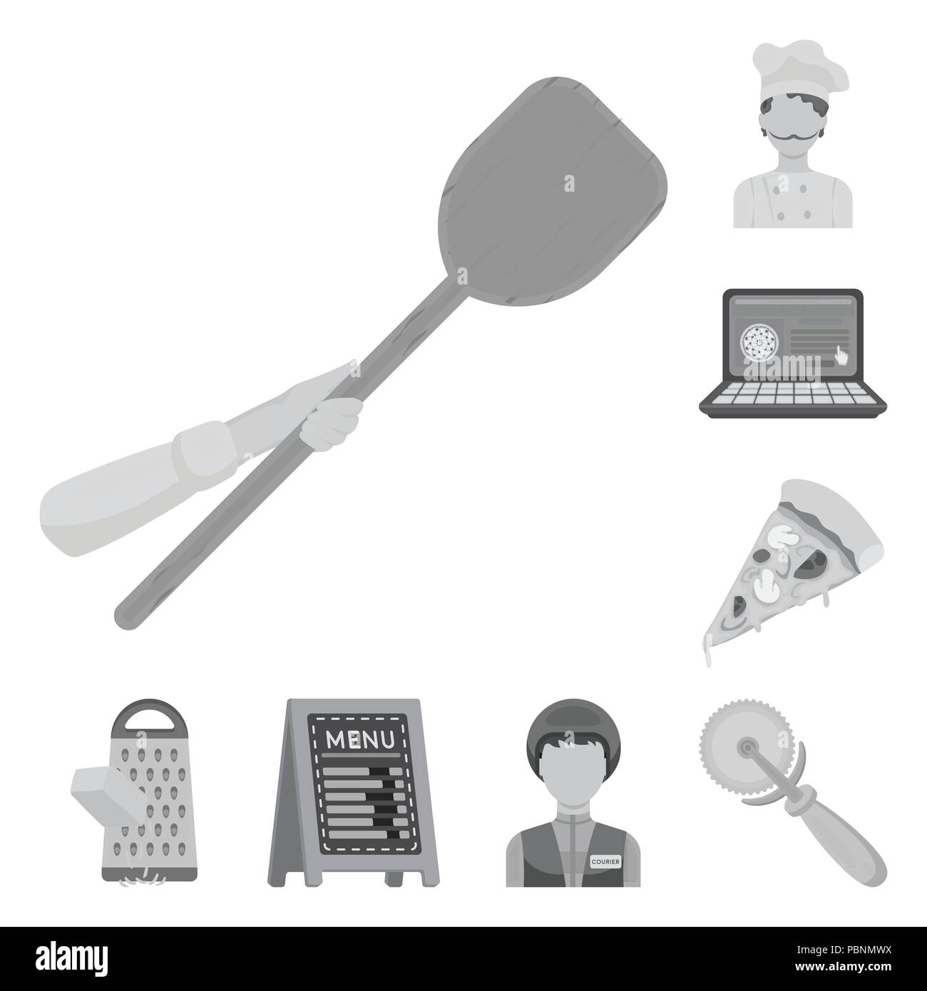 Pizza and pizzeria monochrome icons in set collection for design. Staff ...