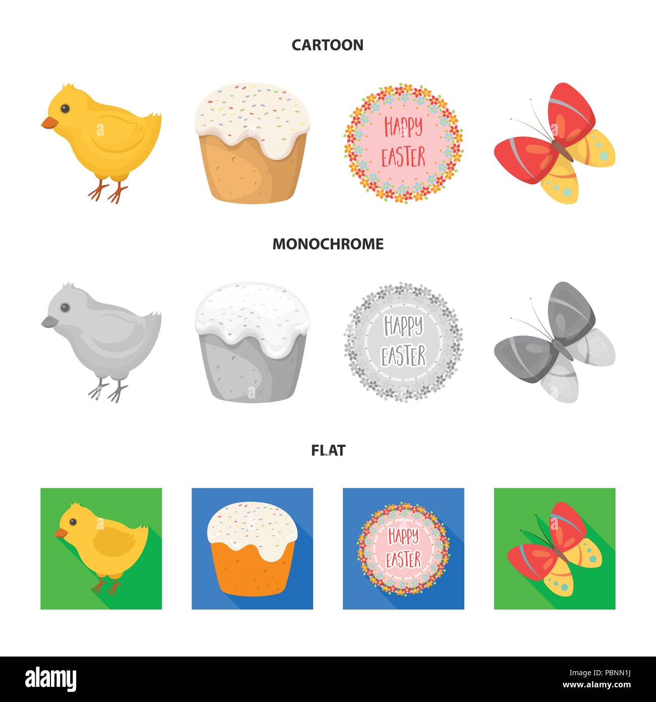 Easter cake, chicken, butterfly and greeting sign.Easter set collection ...