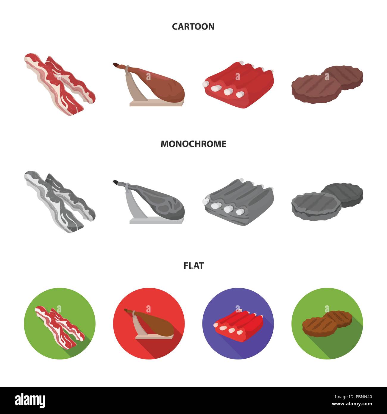 Bacon, jamon, pork ribs, fried cutlets. Meat set collection icons in ...
