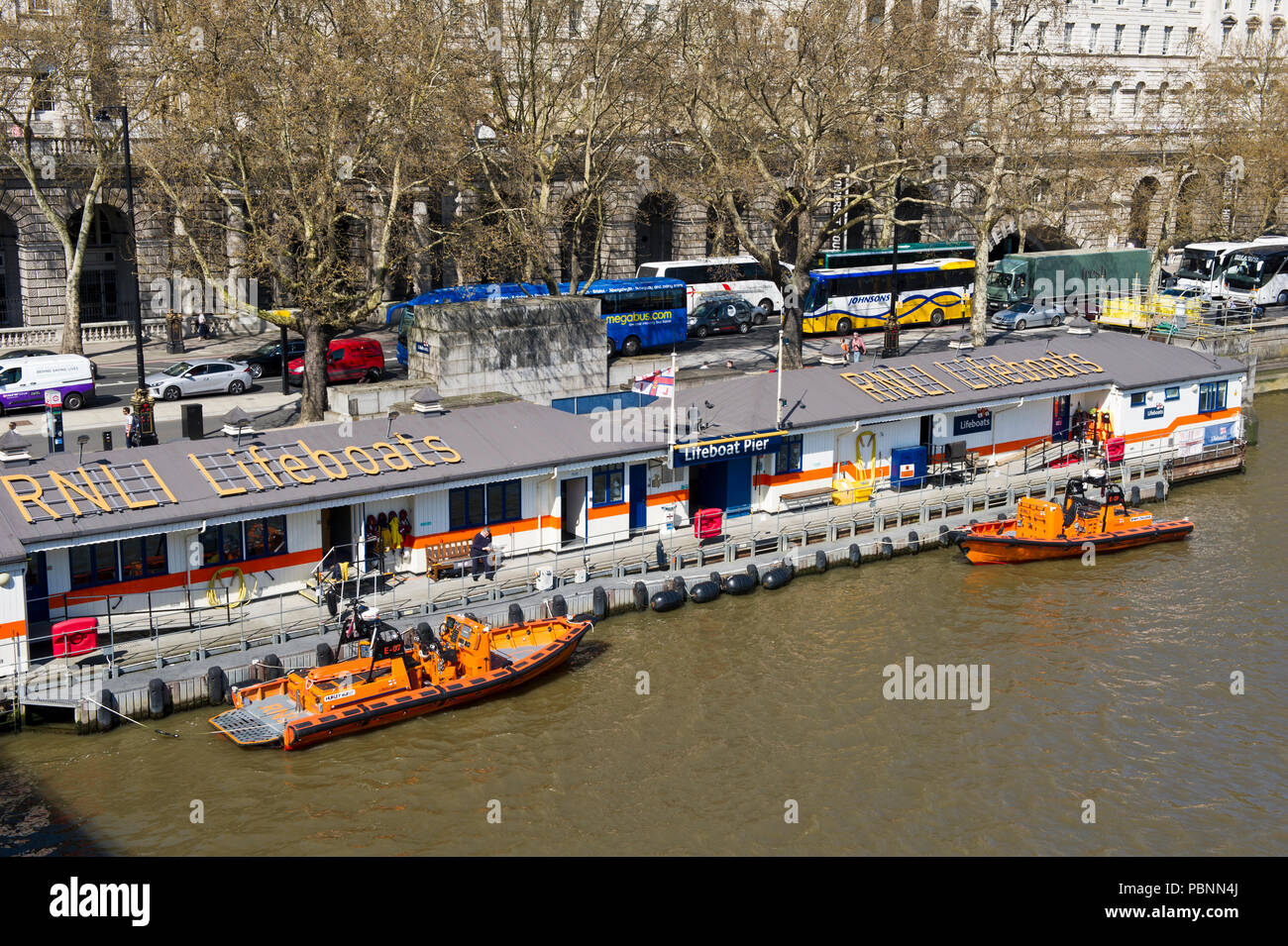 The Royal National Lifeboat Pier near Waterloo bridge in London ...