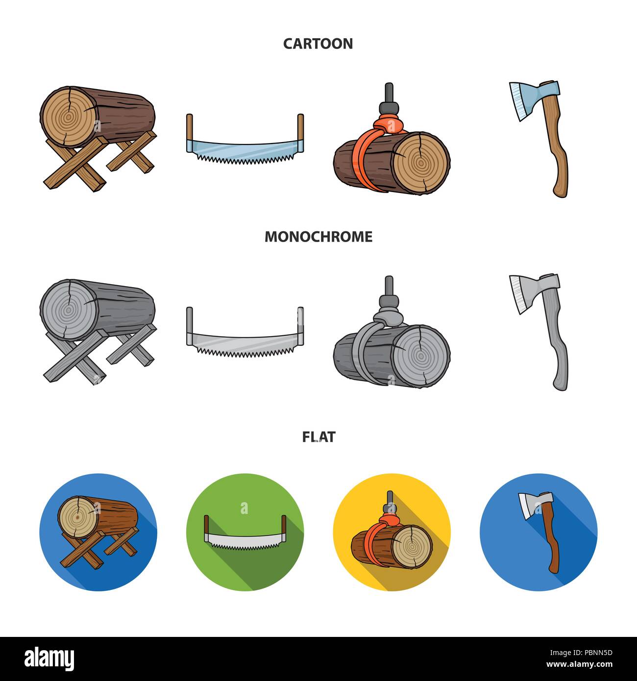 Log on supports, two-hand saw, ax, raising logs. Sawmill and timber set ...