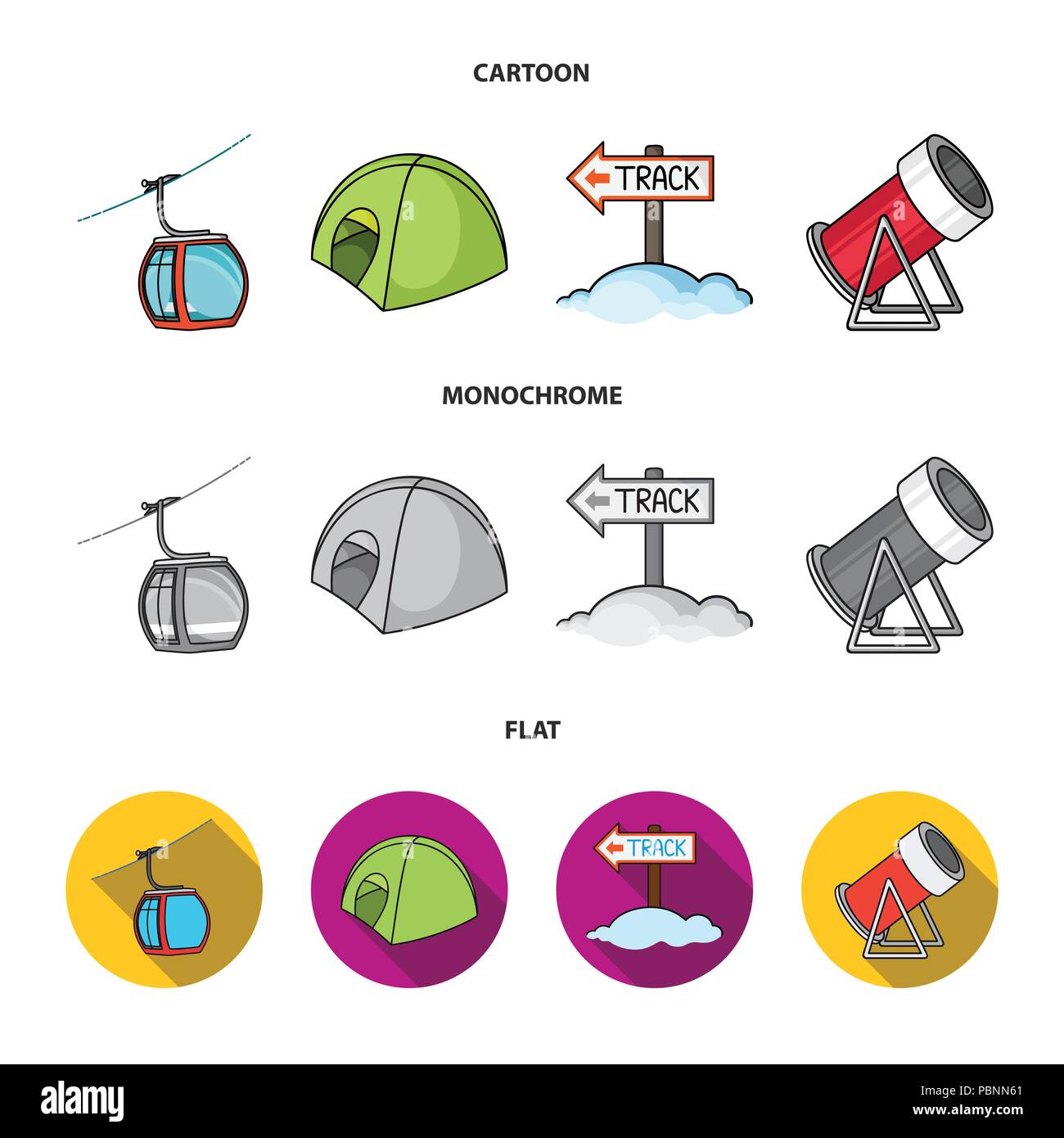 Funicular, tent, road sign, snow cannon. Ski resort set collection ...