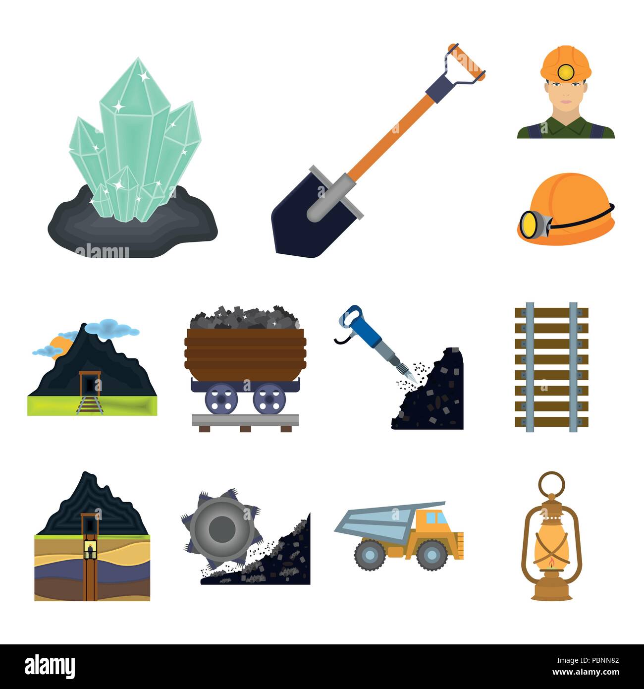 Mining industry cartoon icons in set collection for design. Equipment ...