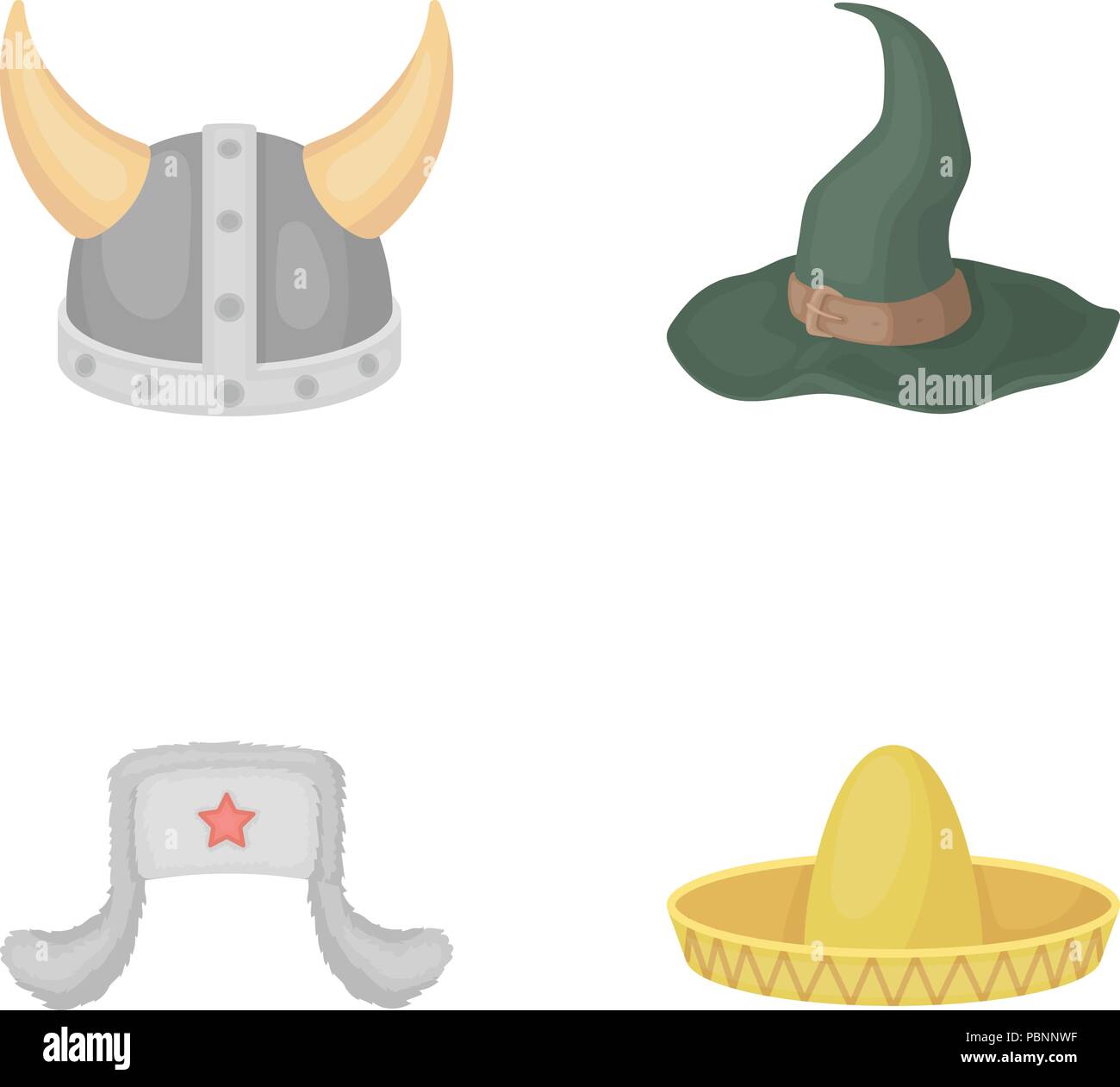 Sombrero, hat with ear-flaps, helmet of the viking.Hats set collection ...