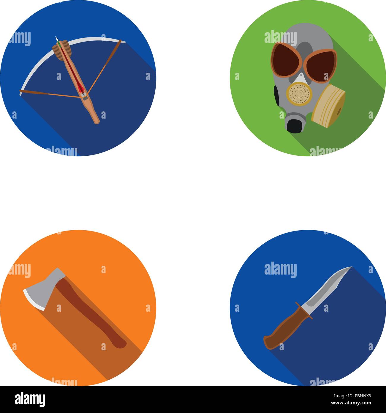 Crossbow, gas mask, ax, combat knife. Weapons set collection icons in ...