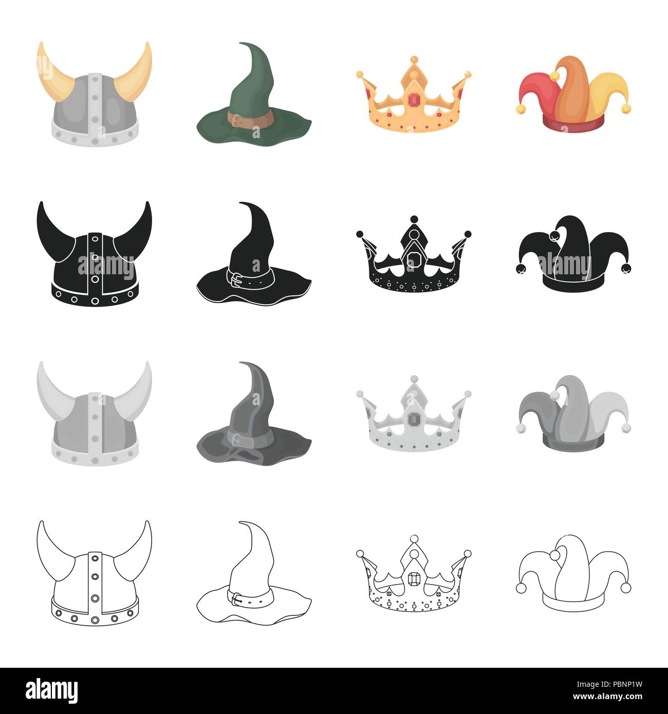 Viking helmet, wizard's hat, crown, jester's cap. Hats set collection ...