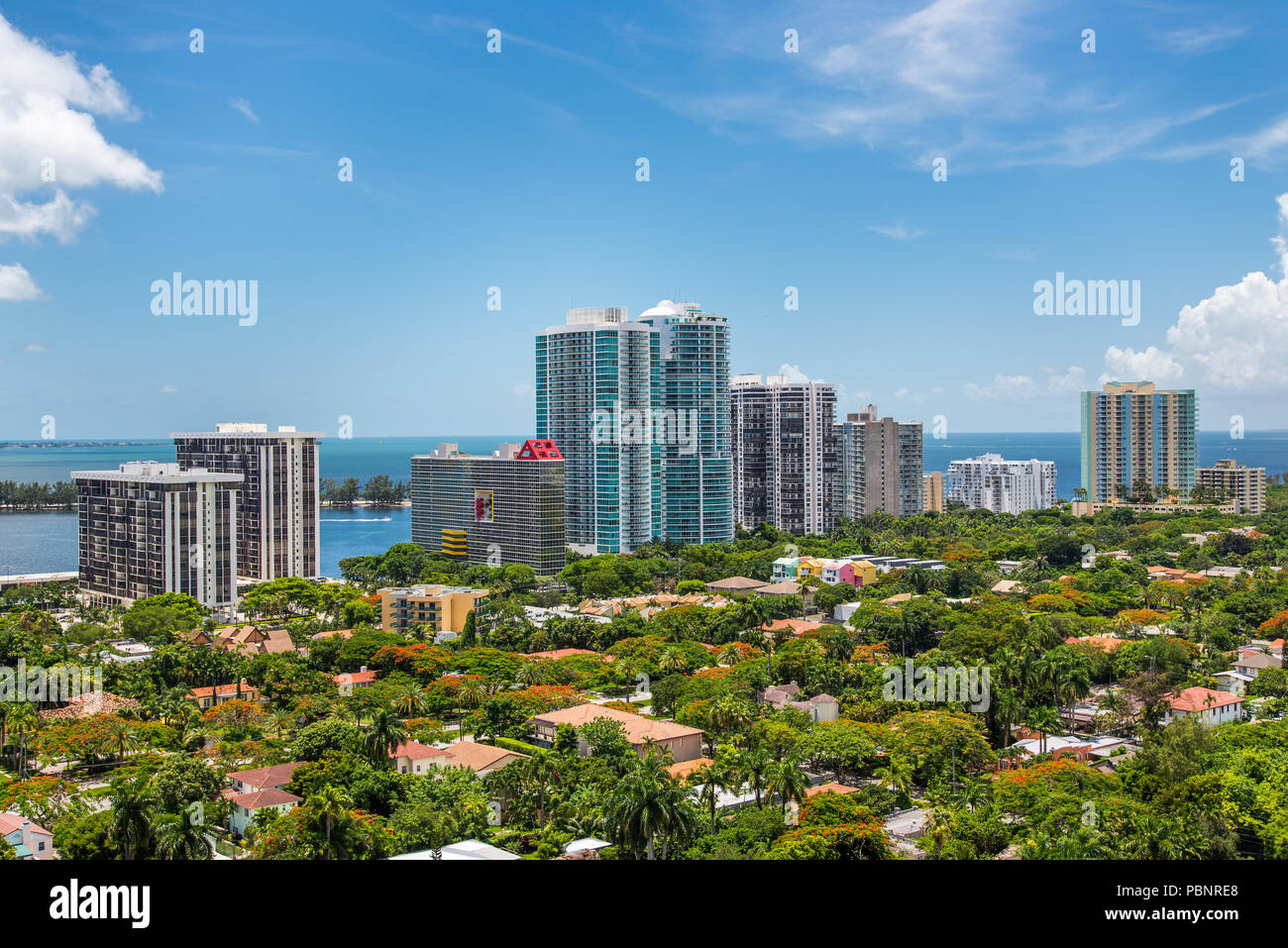 Aerial of the Miami Brickell area with Biscayne Bay in the background ...
