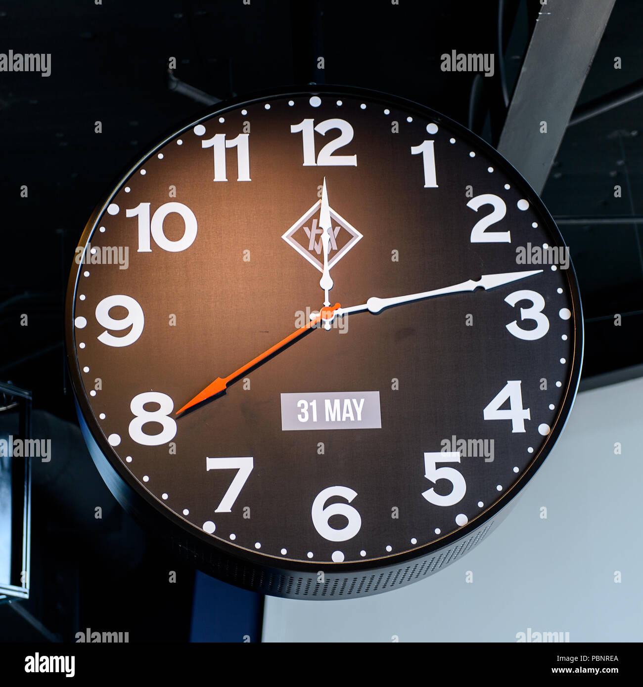 BELFAST, NI - JULY 14, 2016: Clock in the Titanic Belfast, visitor ...