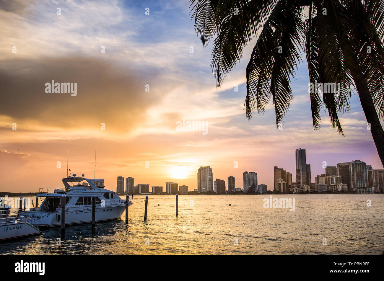 Sunset over Miami Downtown and Biscayne Bay Stock Photo - Alamy