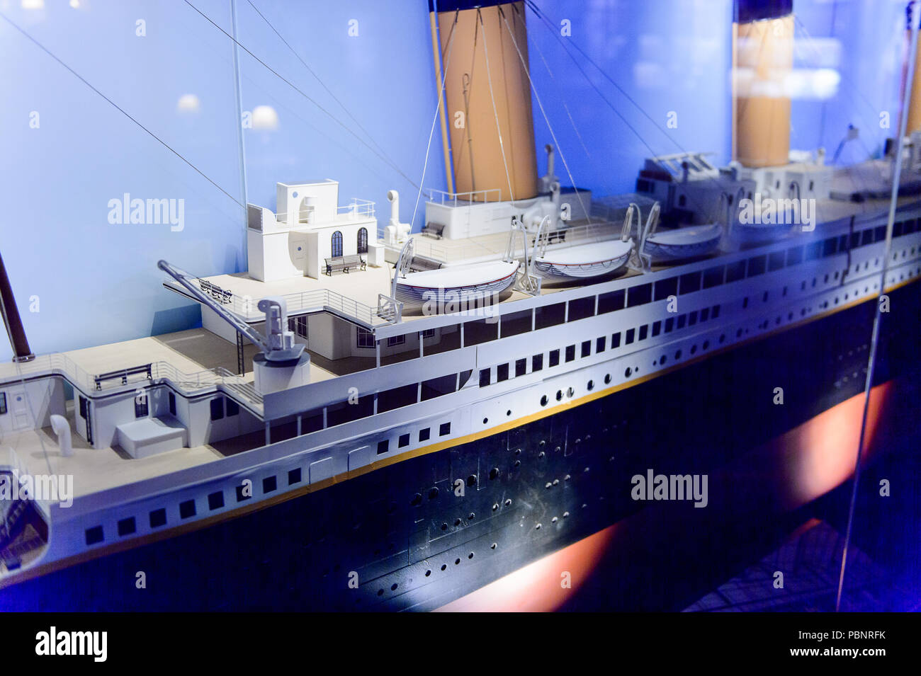 BELFAST, NI - JULY 14, 2016: Close view of the model of Titanic in the ...