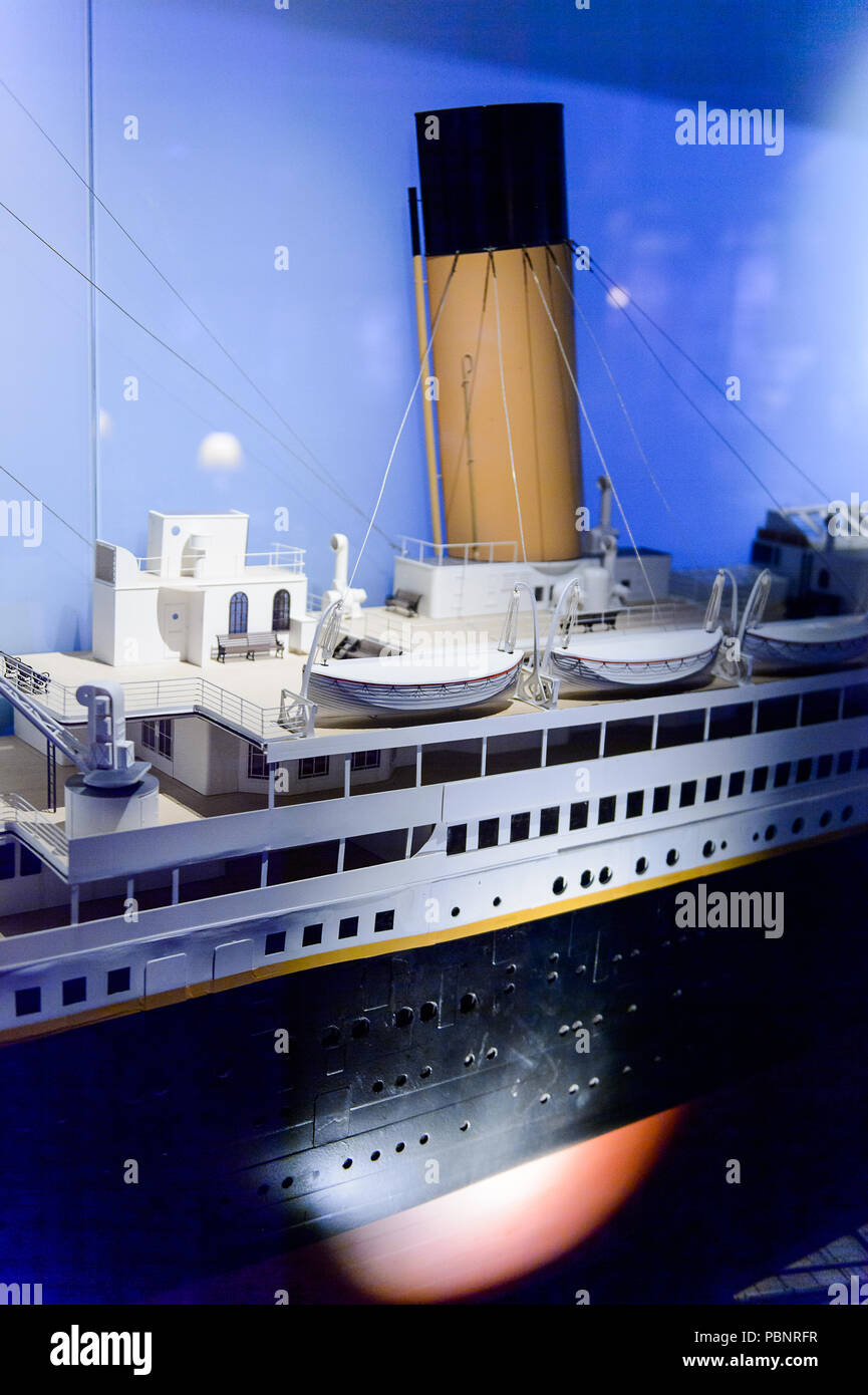 BELFAST, NI - JULY 14, 2016: Close view of the model of Titanic in the ...