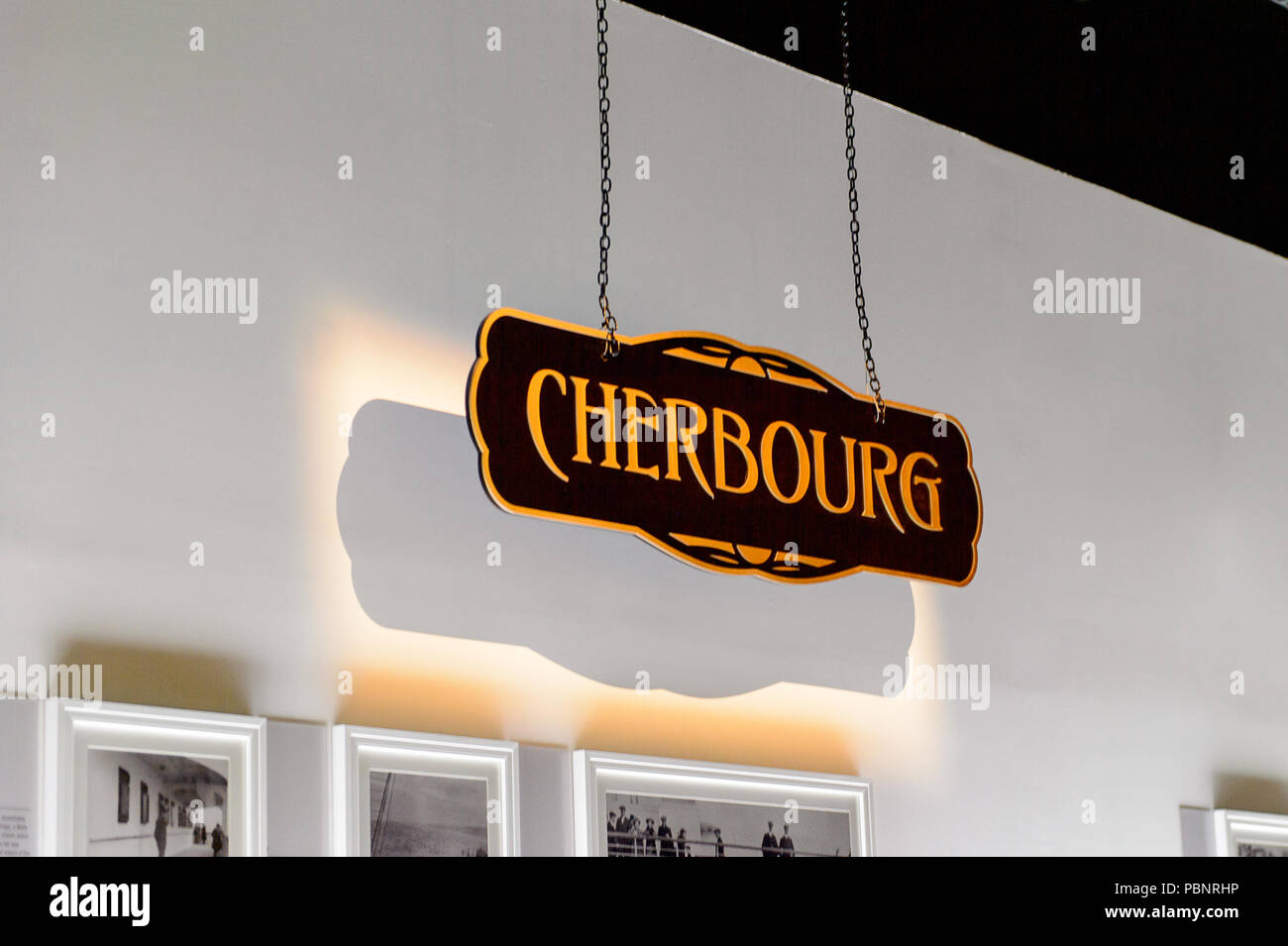 BELFAST, NI - JULY 14, 2016: Cherbourg port sign in the Titanic Belfast ...