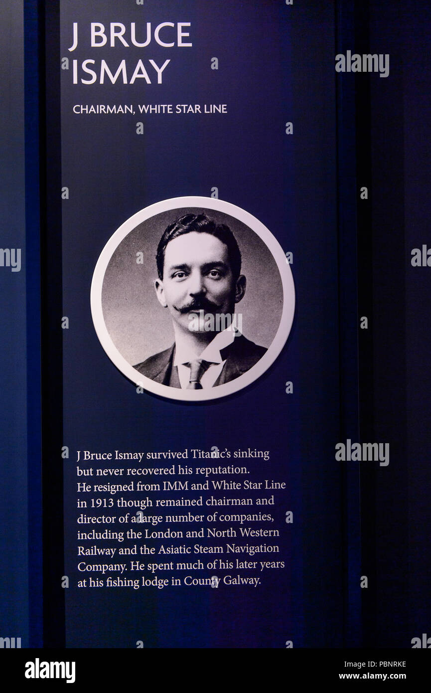 BELFAST, NI - JULY 14, 2016: Bruce Ismay info in the Titanic Belfast ...