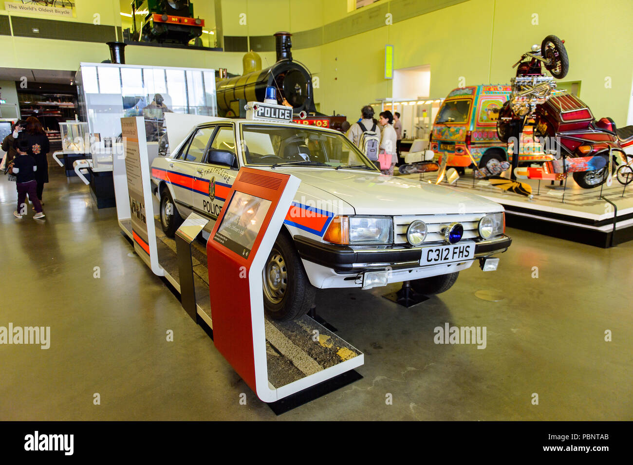 GLASGOW, SCOTLAND - JULY 16, 2016: Antique car in the Riverside Museum ...