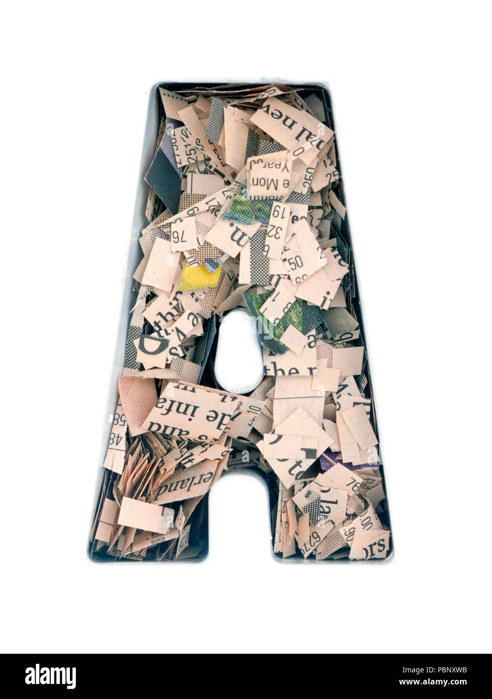 financial news newspaper cut up into confetti to make the captal letter ...