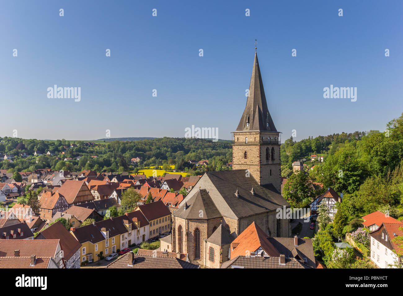 Church tower and surrounding landscape in Warburg, Germany Stock Photo ...