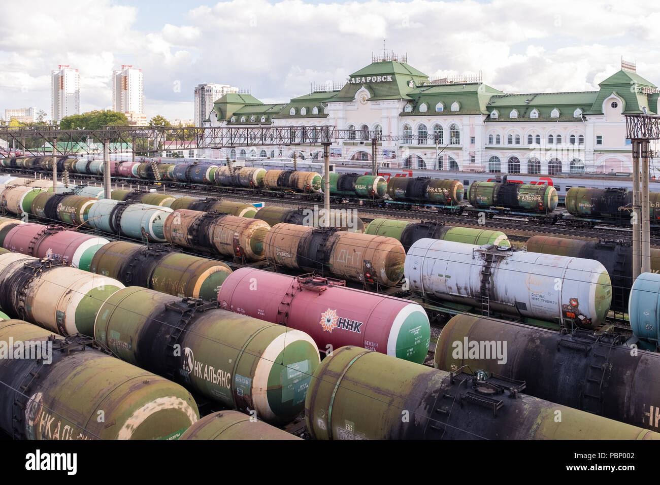 Khabarovsk, Russia - September 1th, 2017: A railway track with the oil ...