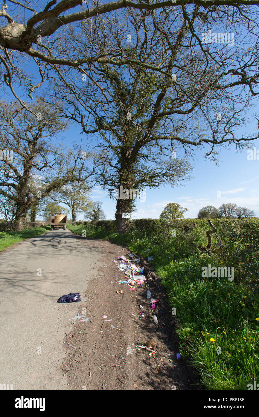 View of fly-tipping in a rural layby at Redwither Lane, near the ...