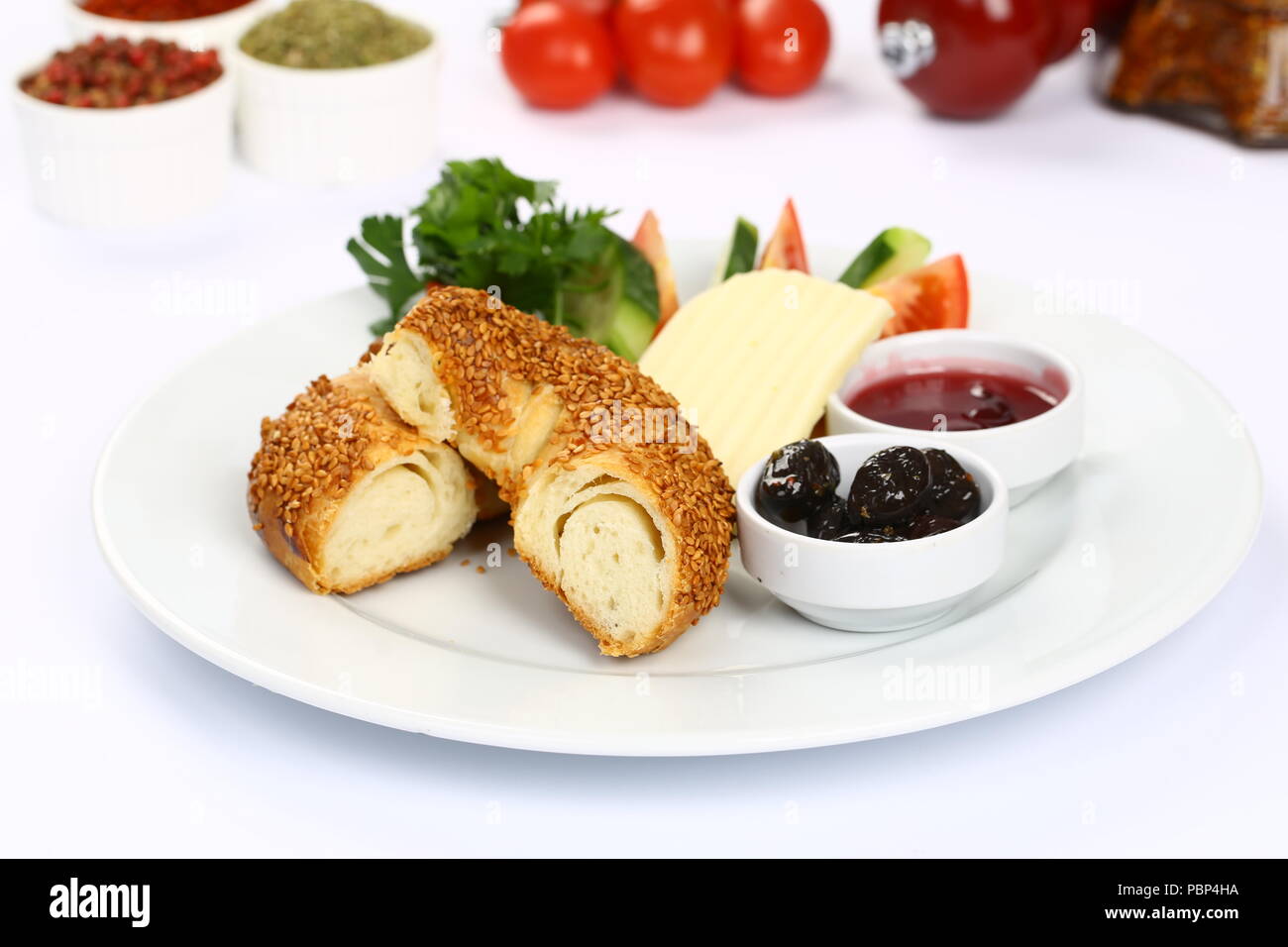 Turkish breakfast with simit bagel Stock Photo - Alamy