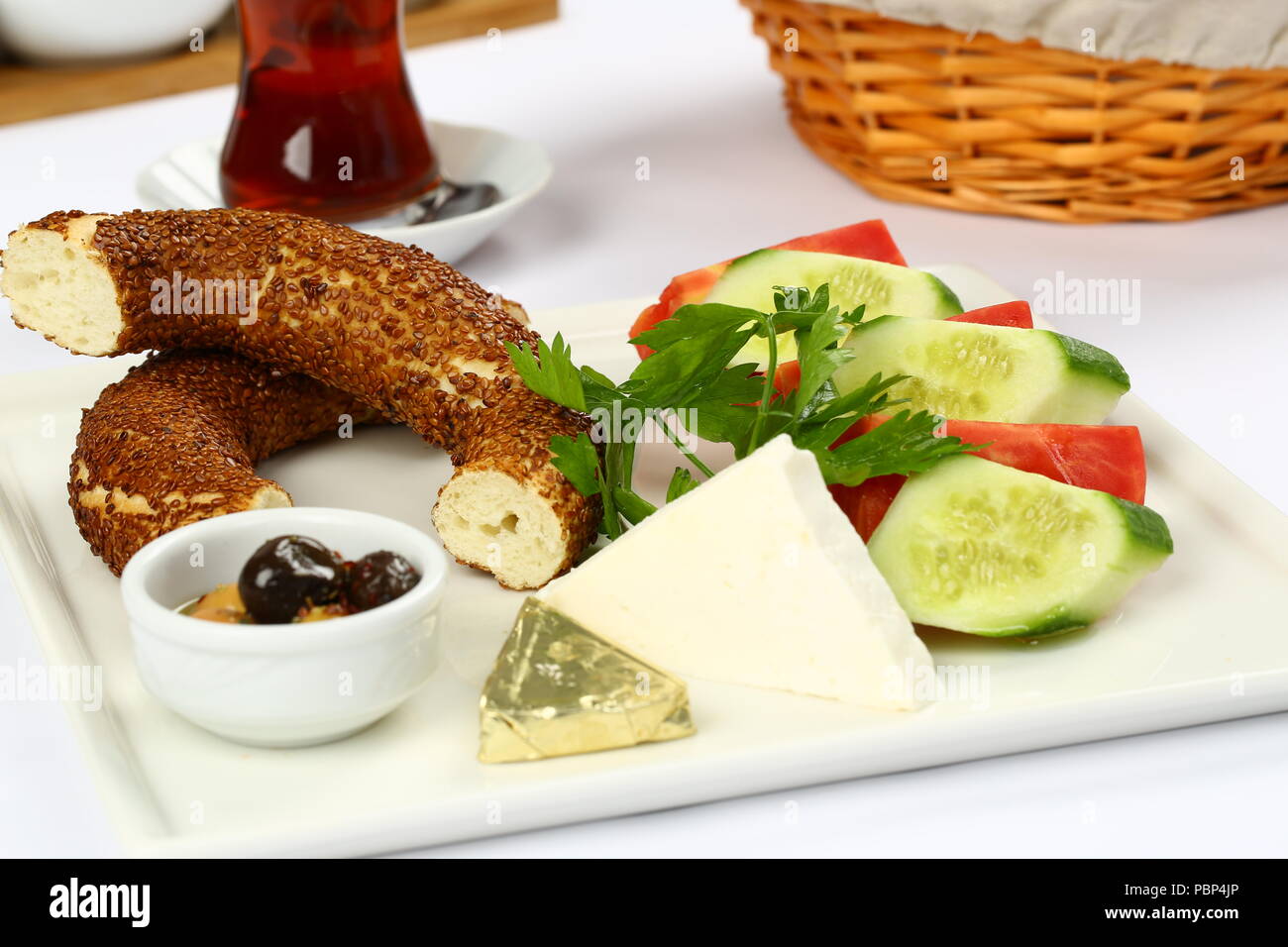 Turkish breakfast with simit bagel Stock Photo - Alamy