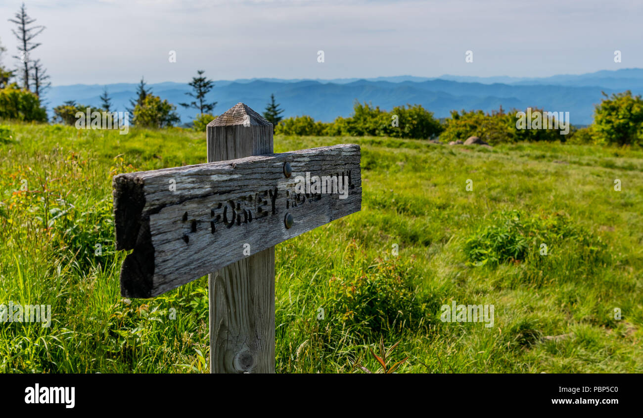 Forney Ridge Sign on Andrews Bald with ridge in background Stock Photo ...