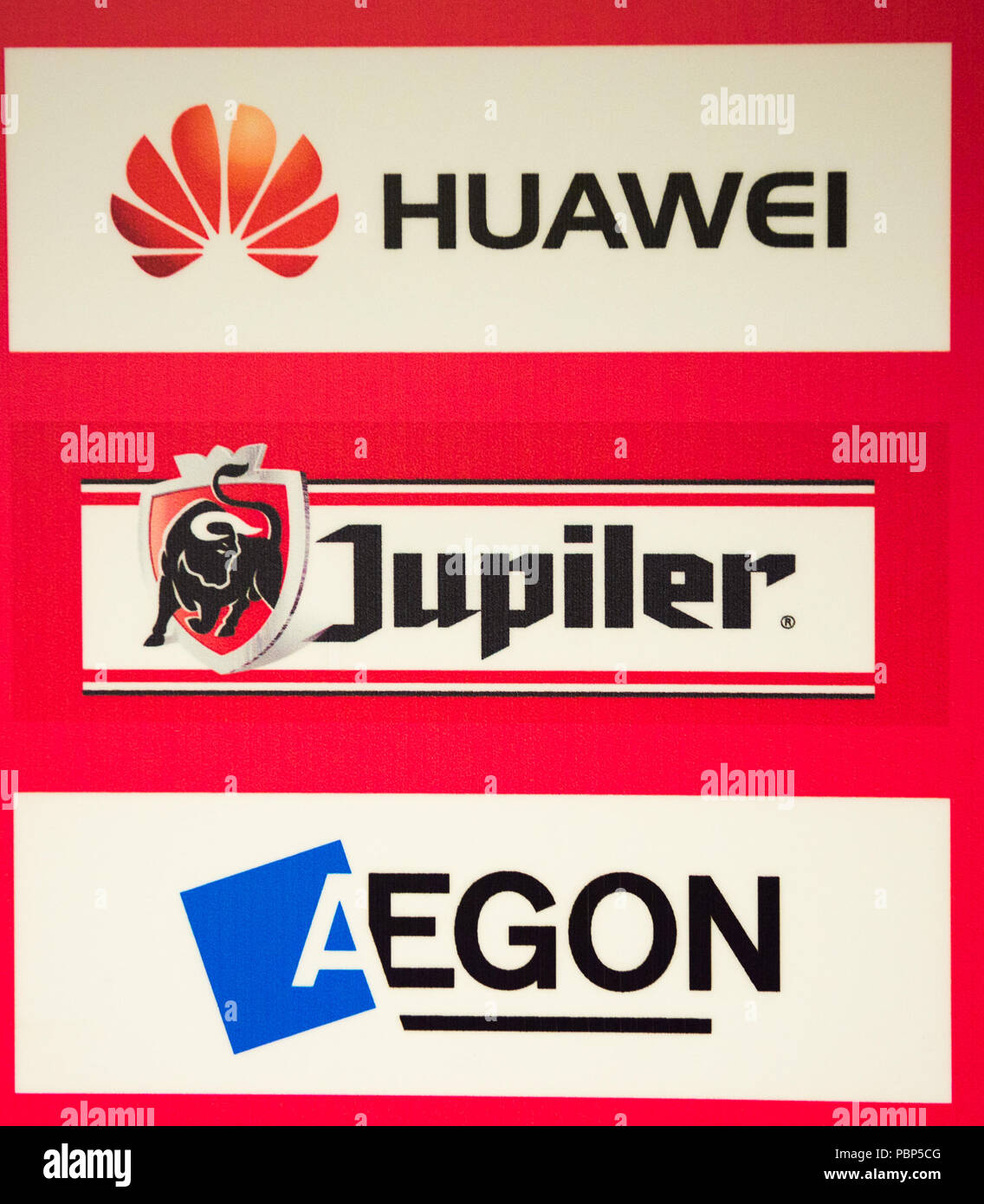 AMSTERDAM, NETHERLANDS - JUNE 2, 2015: Huawei, Jupiler, Aegon logos on ...