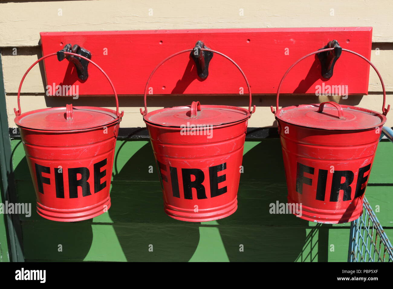 Fire buckets on the platform of Pickering Station, North Yorkshire ...