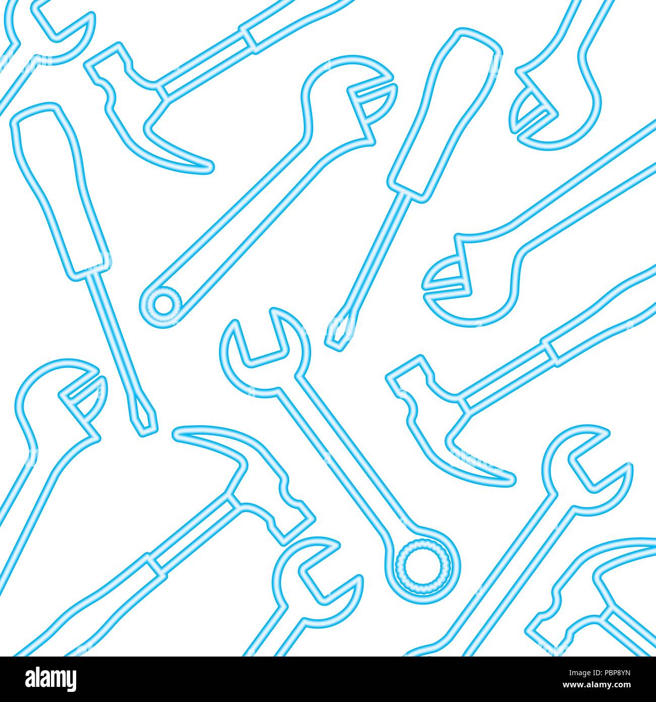 blue neon hammer wrench screwdriver tools pattern vector illustration ...
