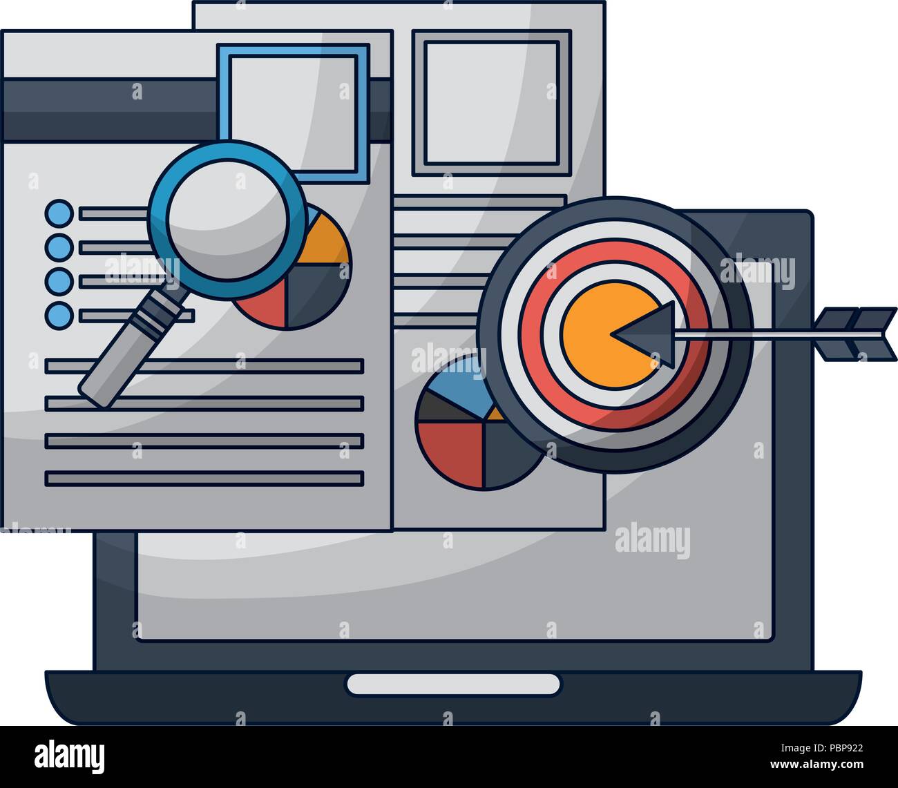 laptop document reports magnifying glass target marketing vector ...
