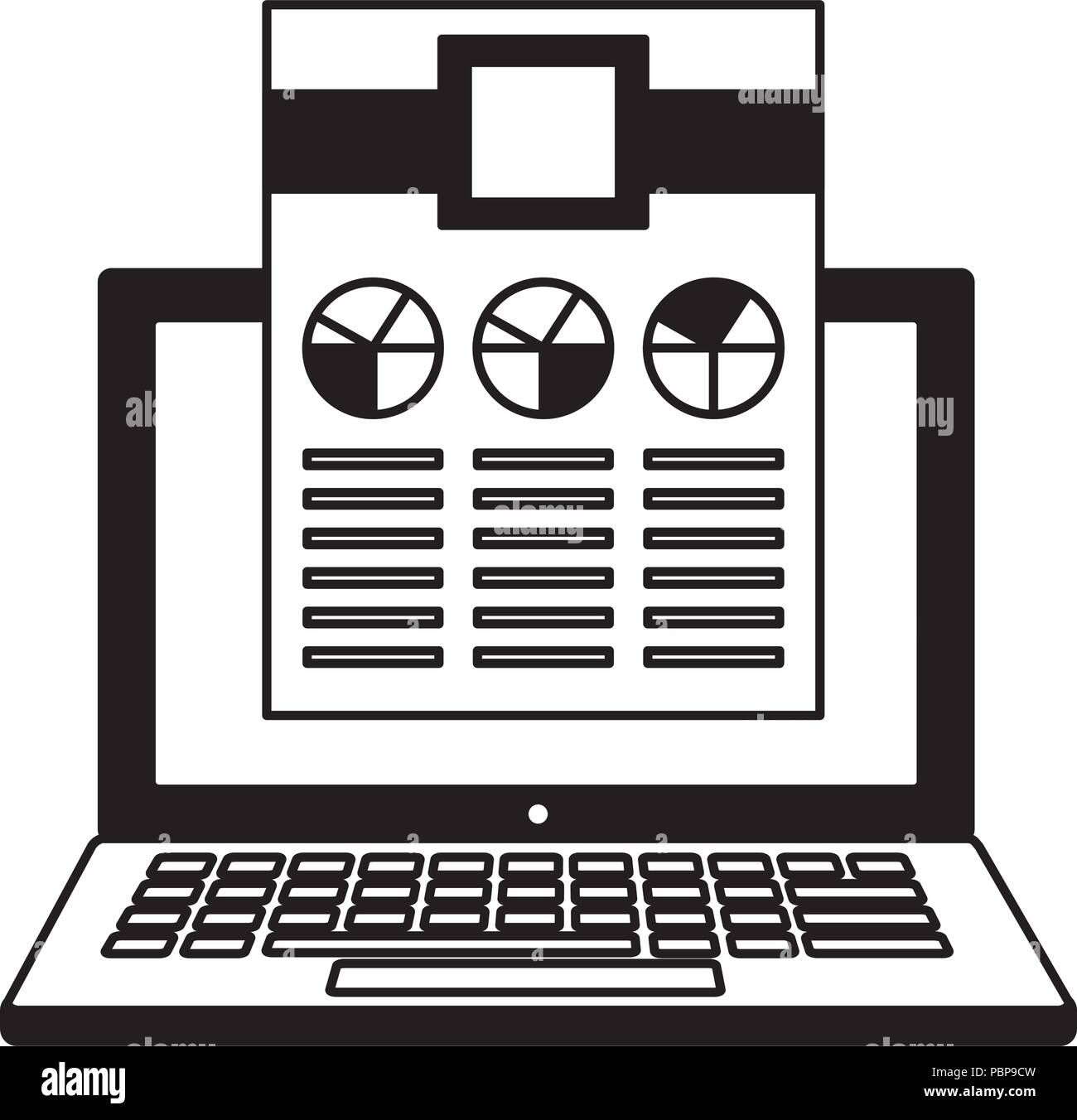 laptop computer document report work vector illustration monochrome ...