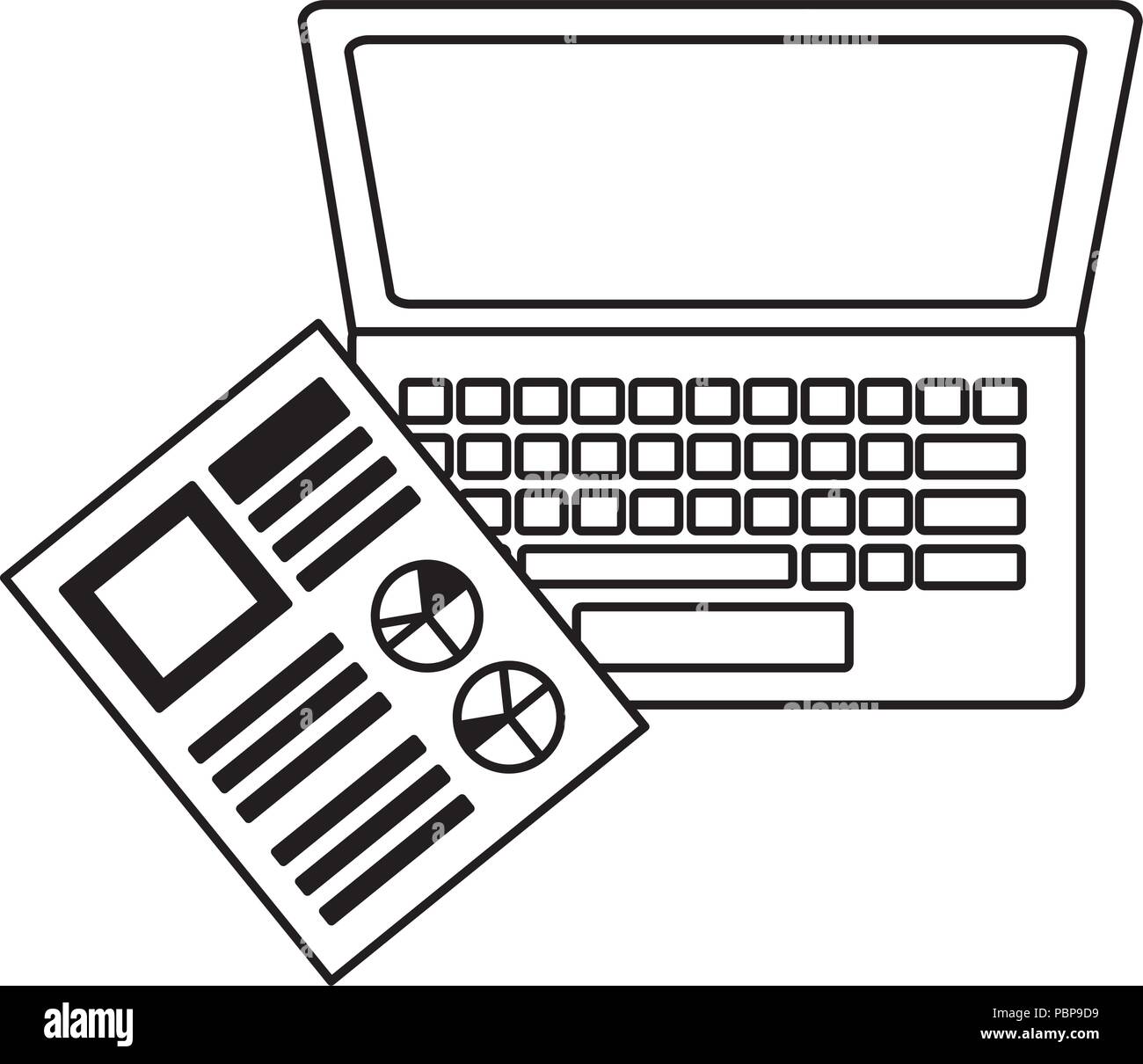 laptop computer document report work vector illustration monochrome ...