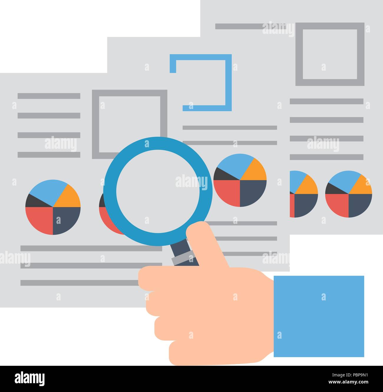 hand with documents files and magnifying glass vector illustration ...