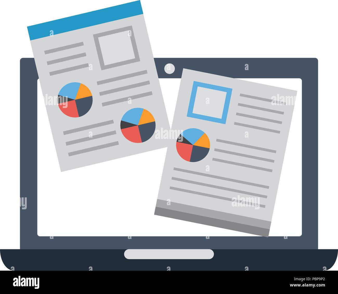 laptop computer and document file with statistics graphic vector ...