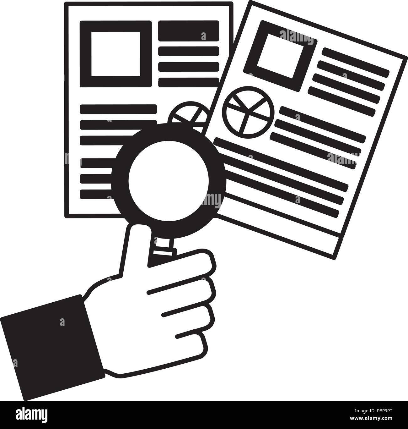 hand with documents files and magnifying glass vector illustration ...