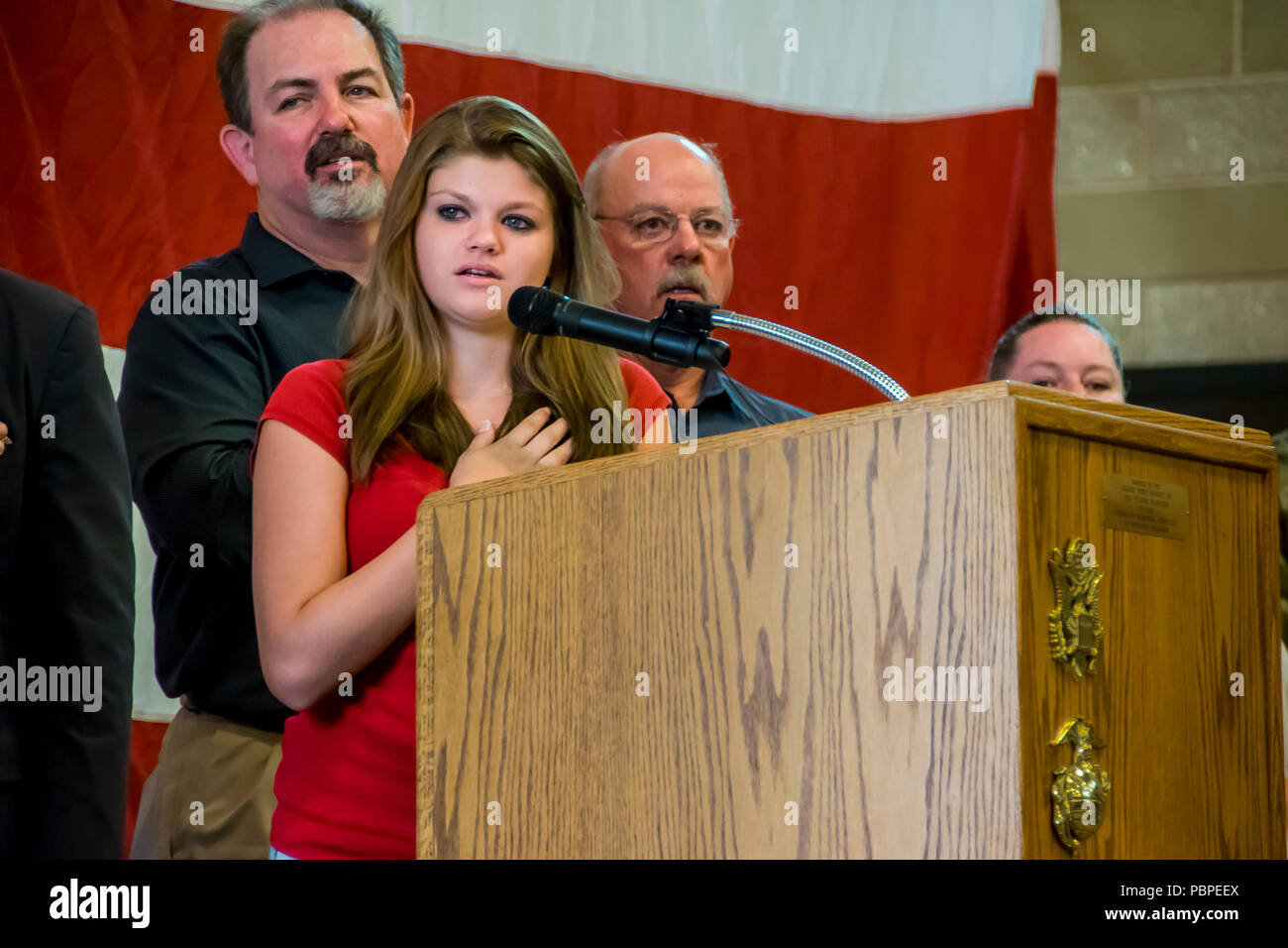 Trinity Wood leads the Pledge of Allegiance during the groundbreaking ...