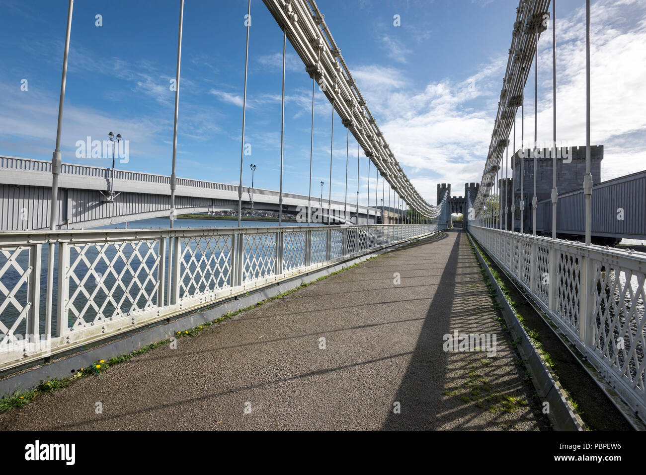 The famous suspension bridge over the river Conwy, North Wales, UK ...