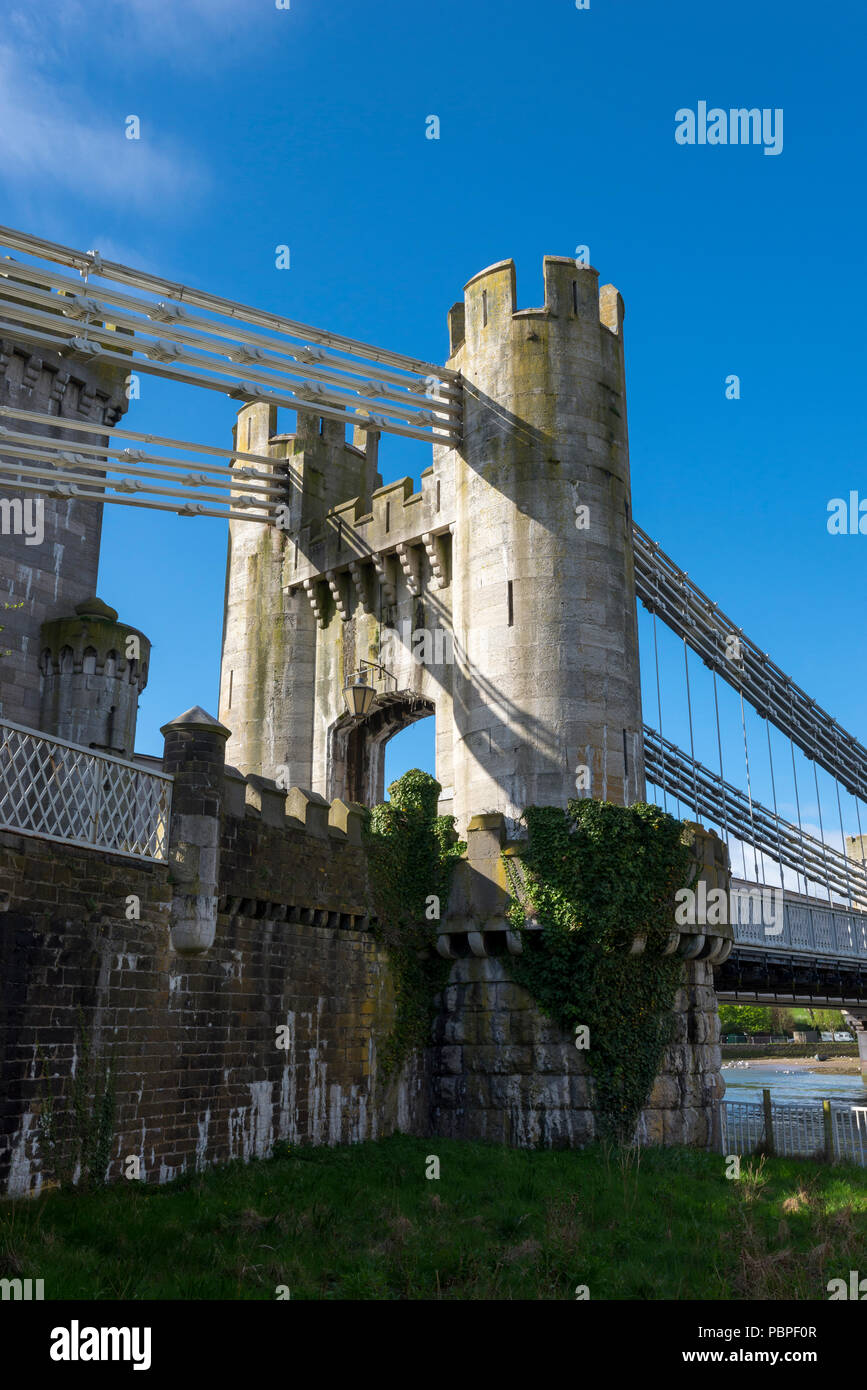 Towers at the end of the famous suspension bridge at Conwy, North Wales ...