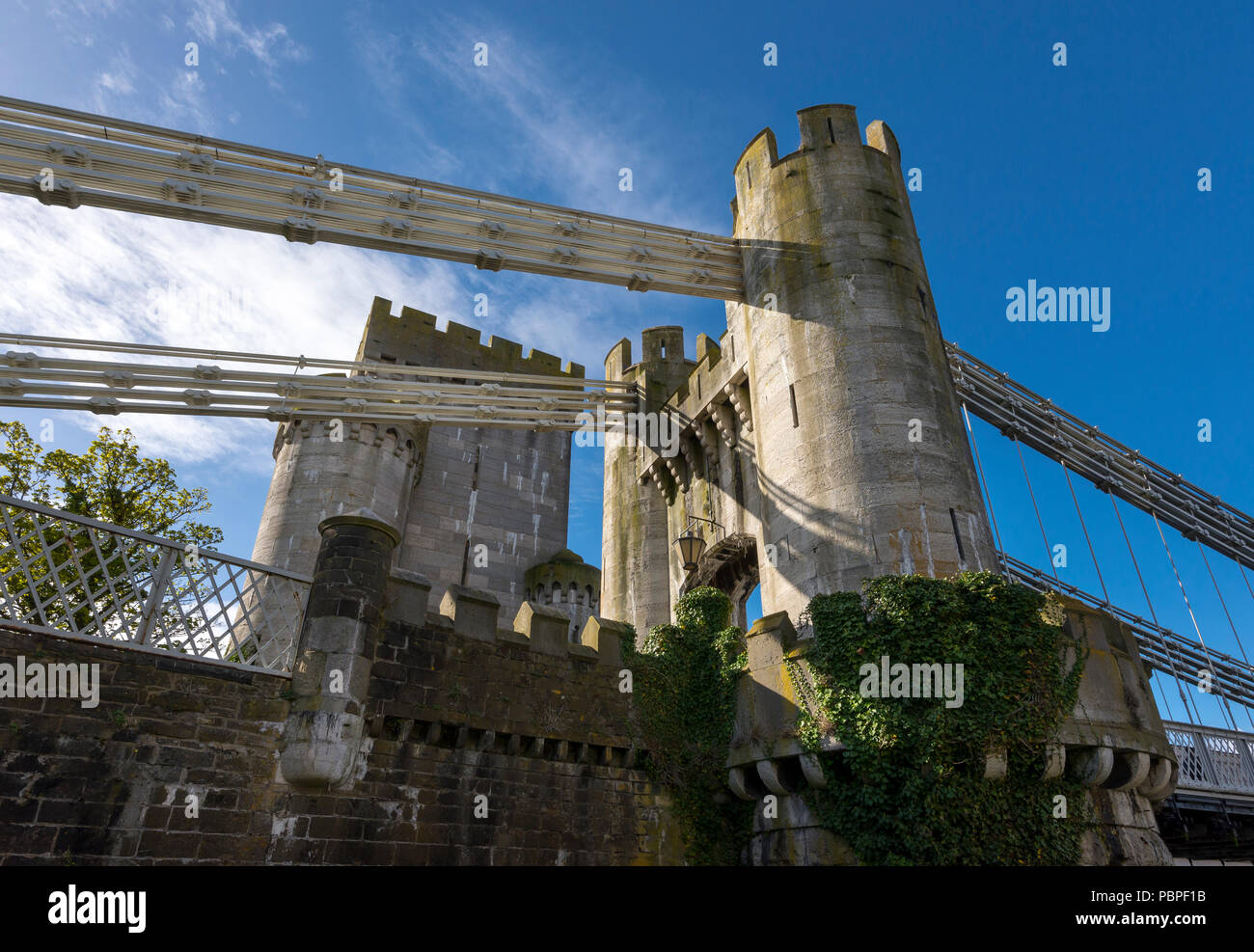 Towers at the end of the famous suspension bridge at Conwy, North Wales ...