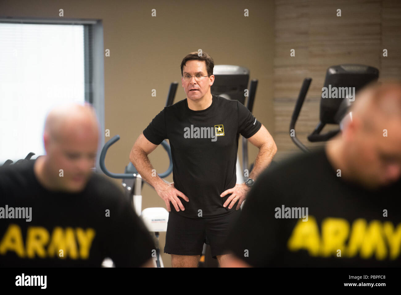 Secretary of the Army Dr. Mark T. Esper conducts circuit training with ...