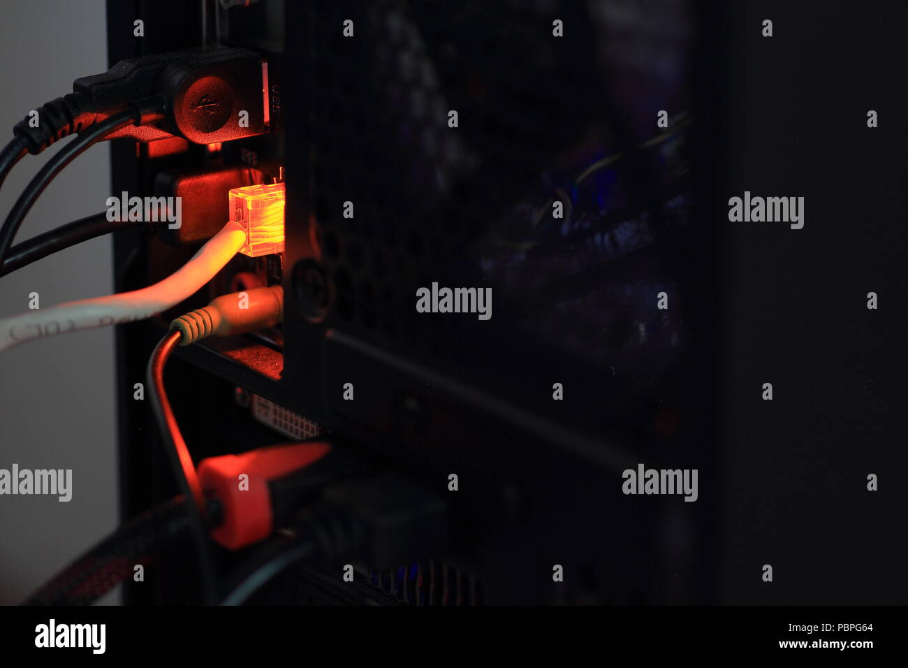 computer PC back side internet LAN port cable HDMI and VGA with many ...