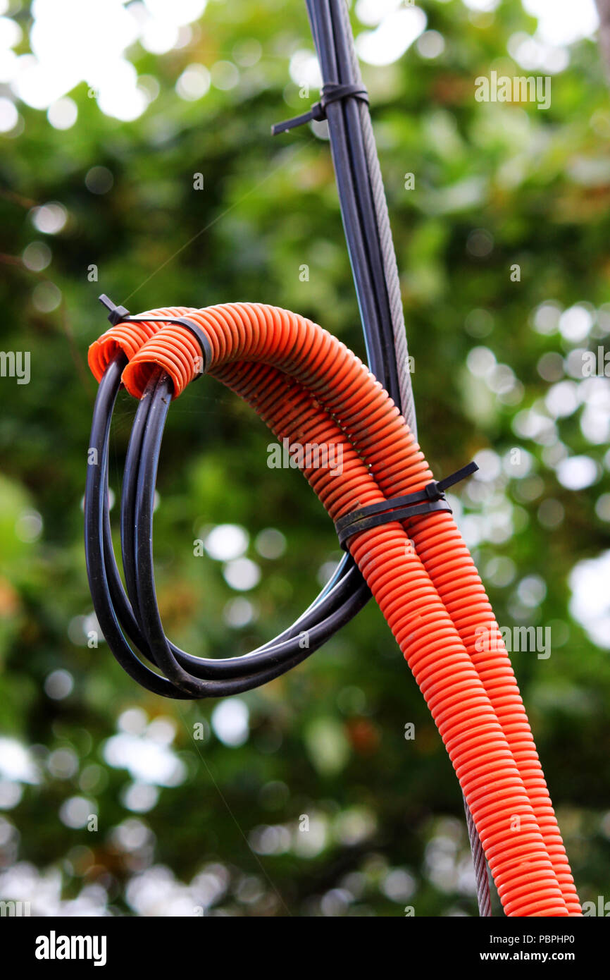 Protective PVC corrugated pipe with electrical cables inside. in case ...