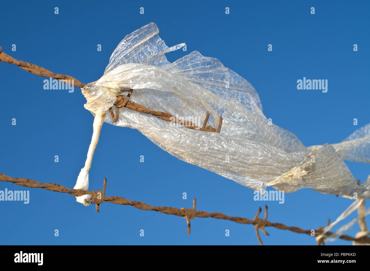Plastic Waste Litter Pollution Caught on Rusty Barbed Wire fence Stock ...