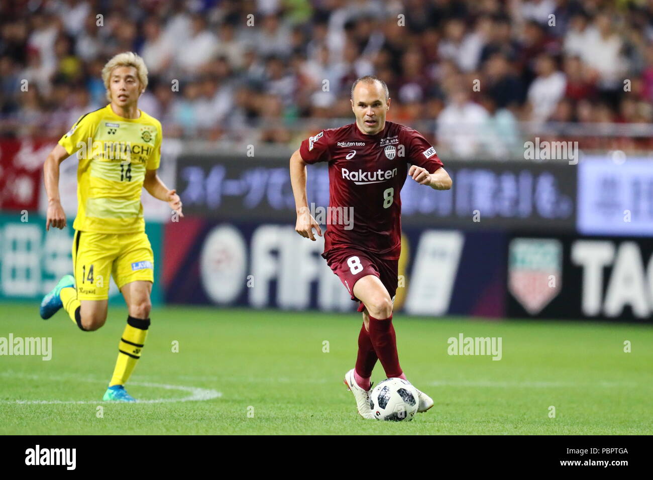 Hyogo, Japan. 28th July, 2018. (L-R) Junya Ito (Reysol), Andres Iniesta ...